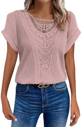 Generic Chemise unie à manches courtes pour femme - Coupe ample - Col rond - Dentelle - Épissure - T-shirt décontracté à manches courtes - Couleur unie - Vête