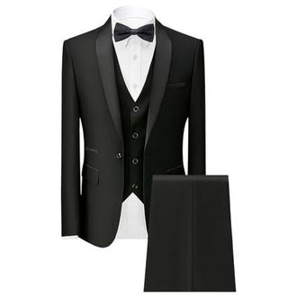 Generic Costume 3 pi&egrave;ces pour homme, coupe ajust&eacute;e, couleur unie, blazer, gilet, pantalon, ch&acirc;le, revers &agrave; un bouton, smoking, noir 1, 3XL