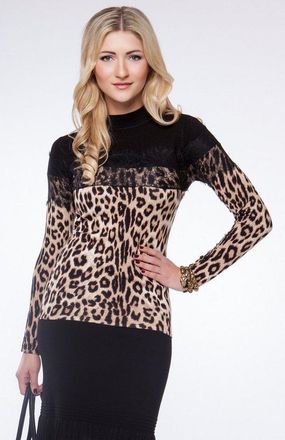 Passioni Strickpullover mit schlichtem Schwarz und Leopardenmuster