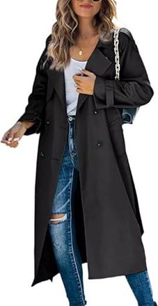 Generic Trench Long for femmes, pardessus d&eacute;contract&eacute; de couleur unie for lautomne et lhiver avec col &agrave; revers et manches longues(Black,5XL)