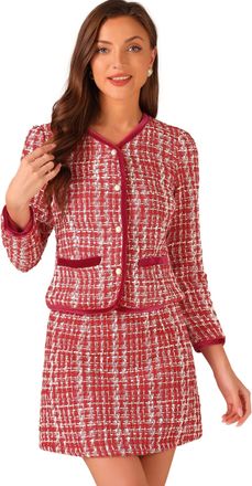 Allegra K Damen Business Anzug Set Zweiteilige Outfits Kariert Tweed Kurzblazer Jacke und Rock Set Rot S