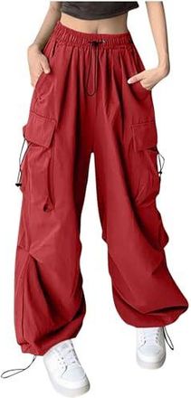 Generic Pantalon cargo pour femme - Taille haute - Jambe large - Baggy d&eacute;contract&eacute; - Pantalon de parachute Y2K Streetwear avec plusieurs poches, Rouge, M
