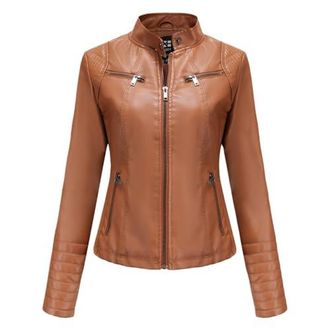 Generic Vestes en similicuir tendance pour femme, grande taille, vestes dhiver décontractées, couleur unie, vêtements dextérieur zippés, manteau chaud dautomn