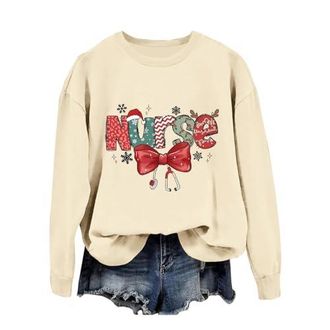 Generic Pull Moche Noel Femme Pull de Noel Drole Infirmière de Noël Soins de Noël Infirmière Vie Sweatshirt a Col Rond Et Manches Longues Imprimé
