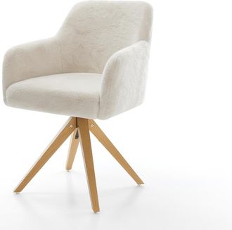 DELIFE Drehstuhl Greg-Flex Pl&uuml;sch Creme-Wei&szlig; Holzgestell kantig Natur 360&deg; drehbar Taschenfederkern, Esszimmerst&uuml;hle