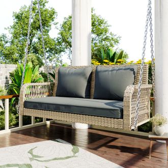STILVORA Balancelle de Jardin 2 Places avec Coussins D&eacute;houssables, Cha&icirc;nes M&eacute;tal 480 cm, Charge 160 kg, 113&times;54&times;53 cm, en Rotin Synth&eacute;tique, Beige et Gris