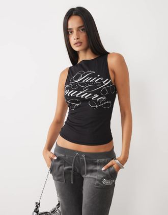 Juicy Couture Mia Rebelle Script Logo Oberteil mit U-Boot-Ausschnitt in Schwarz