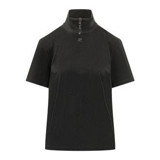 Courr&egrave;ges T-shirt &agrave; col c&ocirc;tel&eacute; - Femme - Tops - Noir - Taille: 36 FR