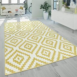 Paco Home Tapis Salon, Tapis de Couloir Motifs, Coloris Et Tailles Variés, Poils Ras, Dimension:70x250 cm, Couleur:Jaune-Blanc