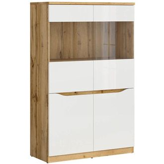 PEGANE Vitrine &agrave; 4 portes avec verre tremp&eacute;, coloris ch&ecirc;ne Wotan/blanc brillant - Longueur 90 x Profondeur 39,5 x Hauteur 142,5 cm