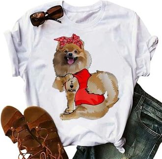 Keephen Graphique Pomeranian T-Shirt Femmes Propri&eacute;taire de Chien Pomeranian T-Shirt Mignon Pom Impression 3D Manches Courtes Tops Col Rond Streetwear