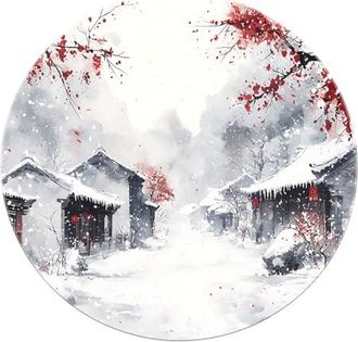 Generic Tapis Style Chinois Rouge Prunier Fleurs, Village Couvert dHiver Neige, Tapis Rond pour Salon, Chambre &agrave; Coucher, Bureau &agrave; Domicile et Salle &agrave; Manger 