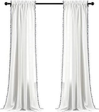 Lush Décor schwarzer Bommel-Vorhang, strukturiert, einfarbig, Shabby-Chic-Stil, Fensterpaneel für Wohnzimmer Gray grau