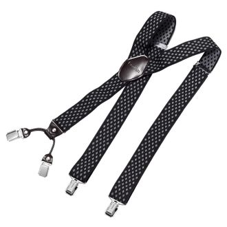 DonDon Hosenträger Herren extra stark Rauten schwarz grau 3,5 cm Hosenträger Herren breit mit brauem Leder in Y-Form lang - Starke Clips passend für Anzug Je