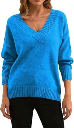 Generic Pull court à manches longues raglan double face et col en V pour femme, pull court dautomne uni décontracté en tricot, bleu, 5XL