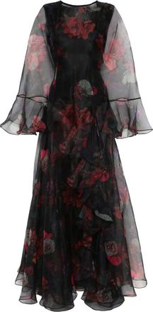 Miau by Clara Rotescu Gebl&uuml;mtes Maxikleid mit Volants - Schwarz