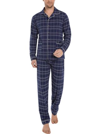 iClosam Schlafanzug Herren Lang Pyjamas Langarm Baumwolle Schlafanz&uuml;ge M&auml;nner Zweiteiliger mit Kn&ouml;pfen Kariert Nachtw&auml;sche Set mit Langarmshirt und Pyjamahose
