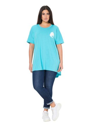 Ulla Popken Damen große Größen Übergrößen Plus Size T-Shirt, Rückendruck, Oversized, Rundhals, Halbarm tiefes Aqua 50+ 839829740-50+