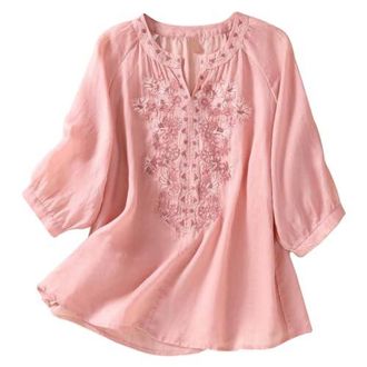 Generic Chemisier Coton et Lin Manches Courtes pour Femme Blouses Ample Col Rond Tunique D&eacute;t&eacute; Boh&egrave;me Folklore Vintage Broderie Top Hauts L&acirc;che Respirant T-Shi