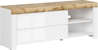 PEGANE Meuble TV avec 2 tiroirs,coloris Blanc/Ch&ecirc;ne wotan - Longueur 156 x Profondeur 42 x Hauteur 60,5 cm