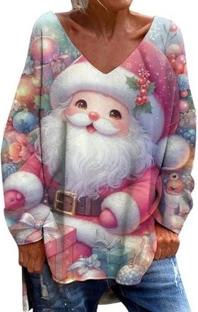 Generic Polo &agrave; manches longues pour femme 2024 - Chemisier de No&euml;l tendance et d&eacute;contract&eacute; - Imprim&eacute; 3D - Col en V - Manches longues - Haut ample - Pour femme