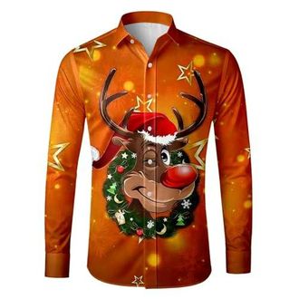 Generic Chemise No&euml;l Homme Manches Longues, T Shirt Moche Homme Imprim&eacute; 3D Drole Renne Col Rabattable Slim Fit Christmas Pull Moche De Noel Button Down D&eacute;cont