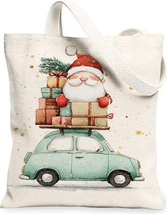 Generic Sac fourre-tout en toile motif P&egrave;re No&euml;l vintage, r&eacute;utilisable, l&eacute;ger et lavable avec bandouli&egrave;re pour shopping, voyage, pique-nique, 33 x 38 cm