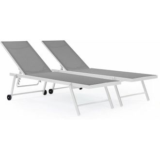 Habitat et Jardin Habitat Et Jardin - Lot de 2 bains de soleil textil&egrave;ne matelass&eacute; aluminium inclinable - Gris / Blanc - Dimensions 149/194 x 60 x 61 cm - Anti-rouille