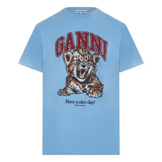 Ganni Femme, Tops, Bleu, Taille: 36 FR T-shirt en coton avec imprim&eacute;