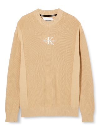 Calvin Klein Jeans Herren Pullover Monologo Sweater Strickpullover, Beige (Warm Sand), L