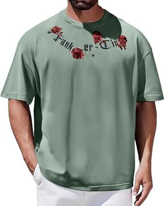 Generic 2026 Saint-Valentin europ&eacute;enne rose broderie lettre hommes d&eacute;contract&eacute; tendance l&acirc;che col rond manches courtes t-shirt, Vert, 5XL