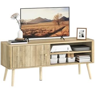 HOMCOM Meuble TV 115 cm, Meuble télé pour téléviseur jusquà 55 Pouces avec Placard à Porte, Compartiments Ouverts et étagère réglable, Pieds en pin, Banc TV 