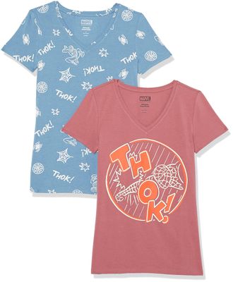 Amazon Essentials Disney | Marvel | Star Wars | Princess Damen Kurzärmeliges T-Shirt mit V-Ausschnitt, Klassischer Schnitt, 2er-Pack, Spider-Man Thok, XXL