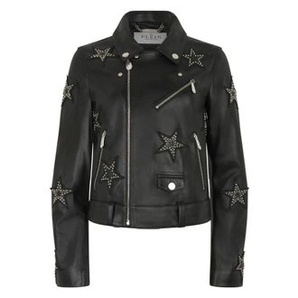 Philipp Plein Femme, Vestes, Noir, Taille: 40 FR Boxy Biker Jacket Stars