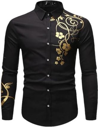 Generic Chemise noire à imprimé floral doré pour hommes, coupe ajustée, manches longues, chemises habillées pour hommes, chemise sociale pour homme, A28 Noir,