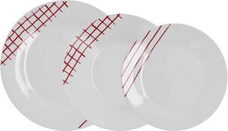 Quid Kansas Porzellan Tafelservice 18-teilig f&uuml;r 6 Personen, Teller 23/20/19 cm, Design mit roten Linien, mikrowellen- und sp&uuml;lmaschinengeeignet