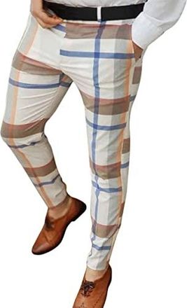 TOMWELL Pantalons Homme D&eacute;contract&eacute; &agrave; Carreaux Pantalon Classique Slim Pantalon Vintage Homme Taille Haute Pantalon Chino Beige S