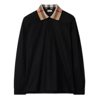 Burberry Homme, Tops, Noir, Taille: XL Polo en coton &agrave; manches longues et col &agrave; carreaux