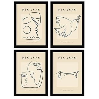 Nacnic Ensemble de 4 illustrations de Picasso. Paix. Illustrations &agrave; un seul trait dans le style de la galerie dart. Peintures pour la d&eacute;coration int&eacute;rieure.