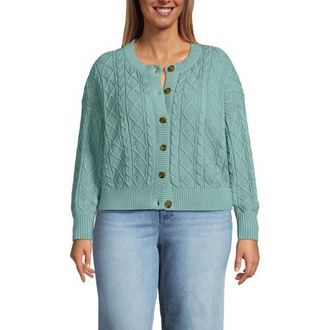 Lands End Zopfmuster-Cardigan DRIFTER, Damen, Größe:48-50 plus, Grün, Baumwolle, by Lands End