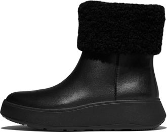 FitFlop Damen F-Mode Shearling-Collar Zip-up Leather Ankle Boots Stiefelette, Schwarz, 36 EU