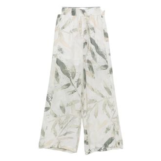 PESERICO Femme, Pantalons, Blanc, Taille: 40 FR Pantalon Palazzo &agrave; Imprim&eacute; Feuilles