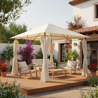 Sweeek Tonnelle 3x3 m - Elusa - Imitation bois. toile &eacute;cru - Pergola avec rideaux. tente de jardin. barnum. chapiteau. r&eacute;ception