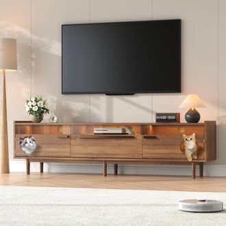 Generic Tv Schrank Holz LED Beleuchtung Katzenfreundlich Mit Glas T&uuml;ren Sichere Struktur Interaktive &Ouml;ffnungen Langlebig Modern Lowboard Stehend MDF Rahmen Pf