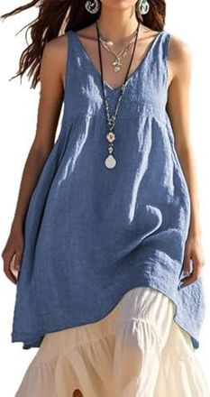 Generic Robe de Plage d&eacute;contract&eacute;e en Coton et Lin &agrave; col en V, Robe sans Manches &agrave; Cols en V pour Femme, Robes Longue d&eacute;t&eacute; d&eacute;contract&eacute;e et Ample &agrave; col en V (B