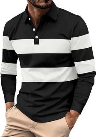 Generic Polo pour homme adulte d&eacute;contract&eacute; ray&eacute; &agrave; revers boutonn&eacute; T-shirts l&eacute;gers et respirants pour printemps automne hauts confortables &agrave; manches longues, N