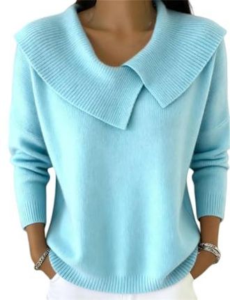 Generic Pull en tricot r&eacute;tro &agrave; col pour femme - Haut de travail habill&eacute; - Pull tricot&eacute; &agrave; col, bleu ciel, 3XL