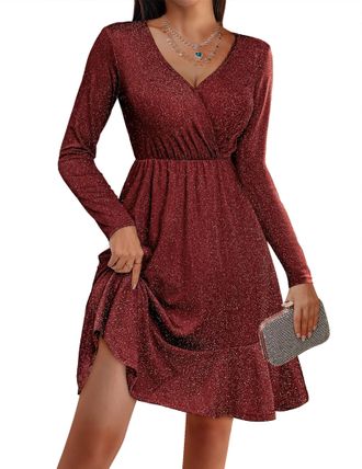 Zeagoo Damen Kleider Partykleid V-Ausschnitt Cocktailkleid Weihnachtskleid Elegant Knielang Abendkleider Langarm Winterkleid Paillettenkleid Rotwein L
