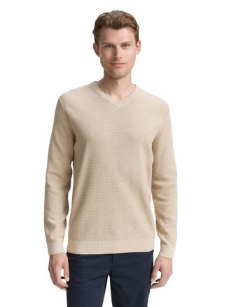 Tom Tailor Herren 1047997 Strickpullover mit V-Ausschnitt aus Bio-Baumwolle, 38774-Beige Offwhite Twotone, S