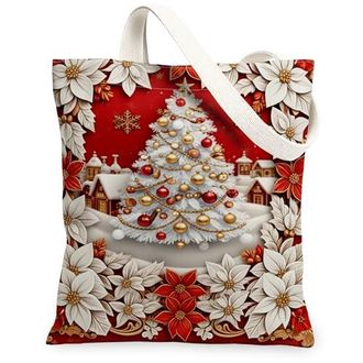 Generic Sacs fourre-tout en toile de No&euml;l, motif arbre festif et poinsettia, sacs r&eacute;utilisables, vintage, l&eacute;gers et lavables avec bandouli&egrave;re pour les vacance